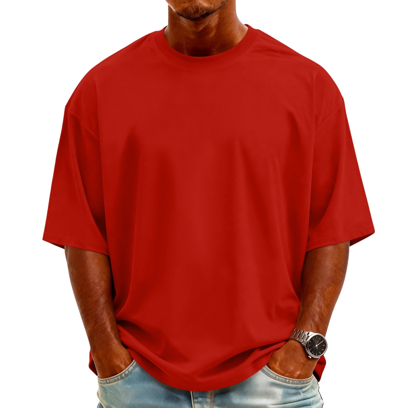 Fabrcox Mens Shirt Red Loose Lightweight Crew Neck Short Sleeve T ...