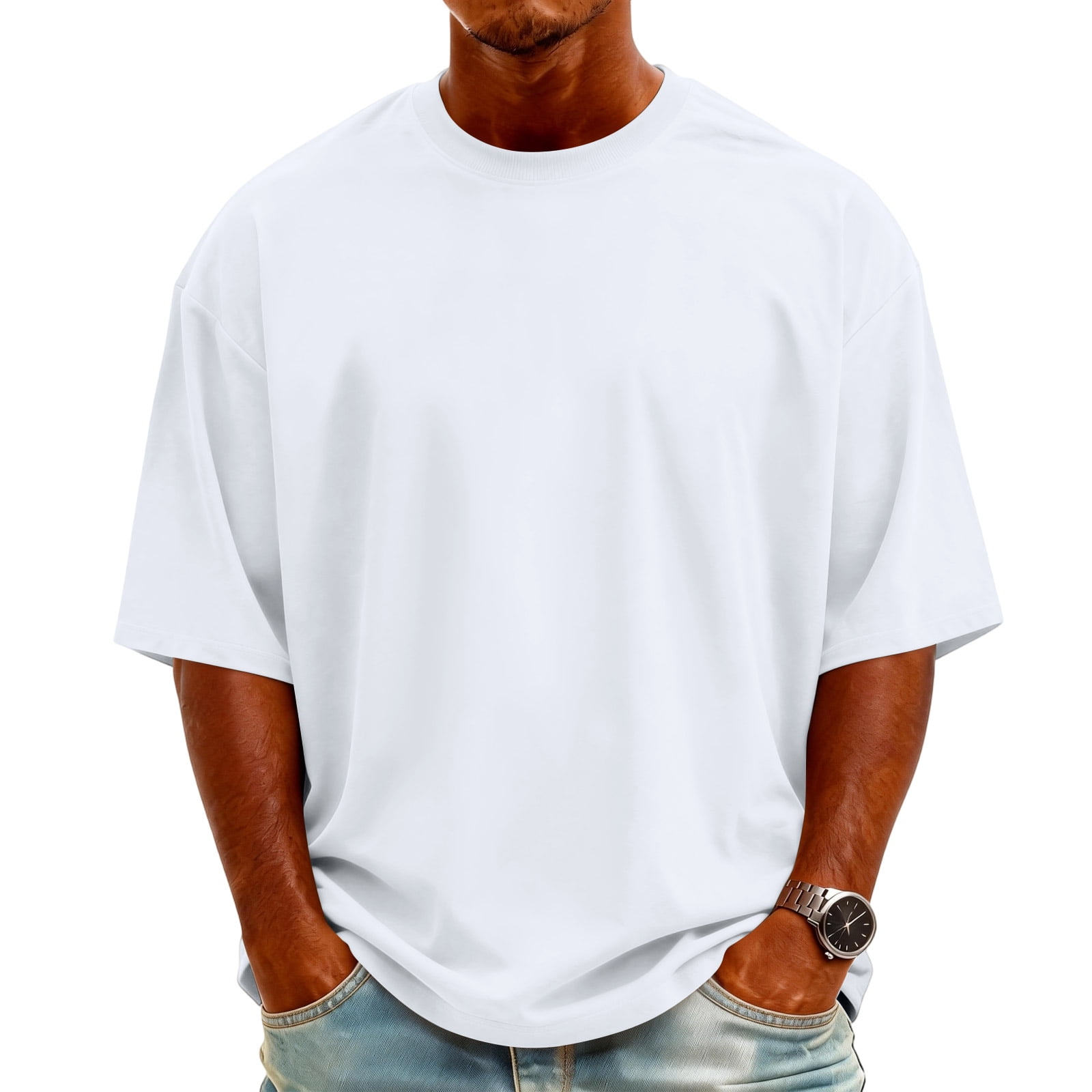Fabrcox Mens Shirt White Lightweight Loose Fit Crew Neck Short Sleeve T ...