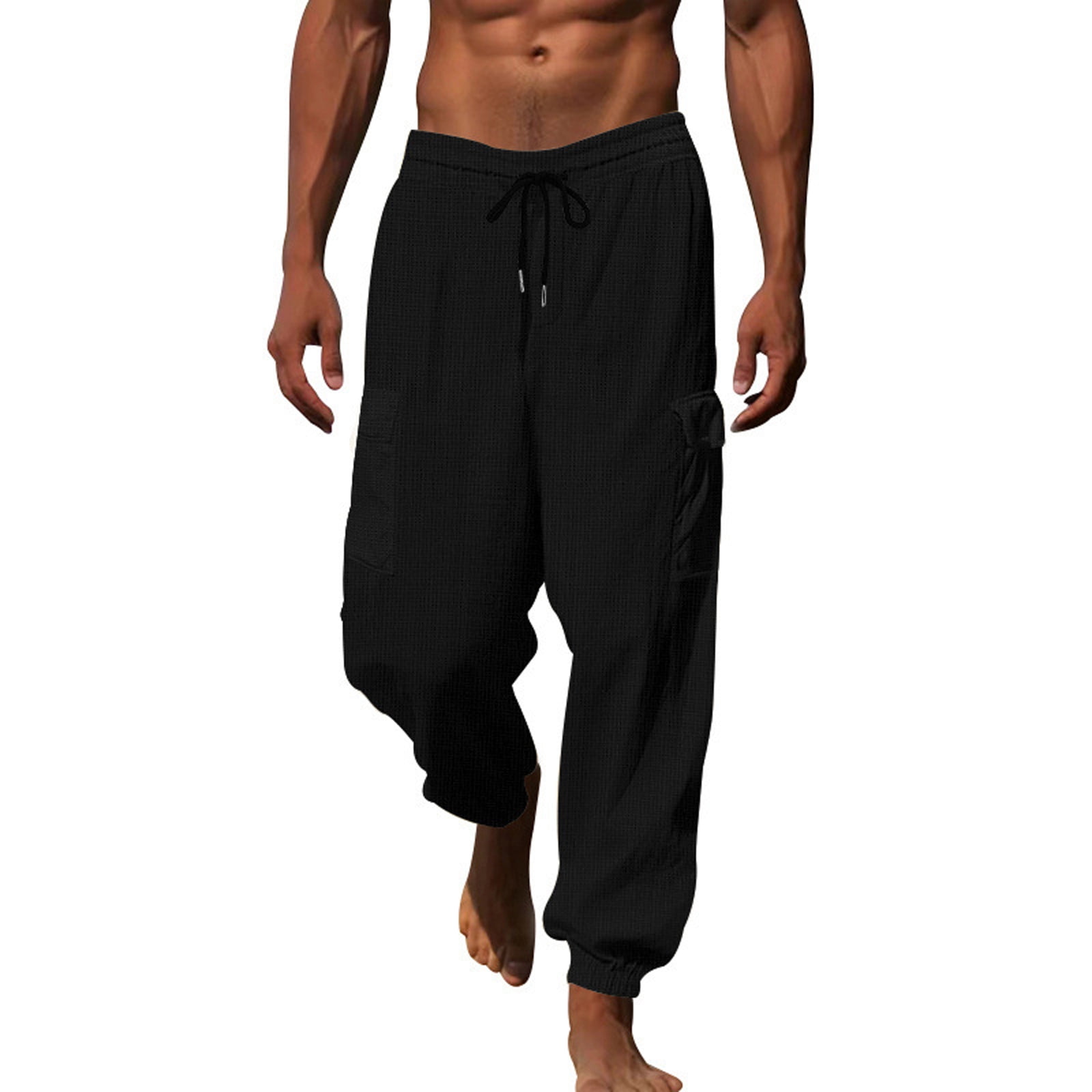 Fabrcox Mens Waffle Knit Baggy Cargo Pants Stretch Sweatpants Loose Fit ...