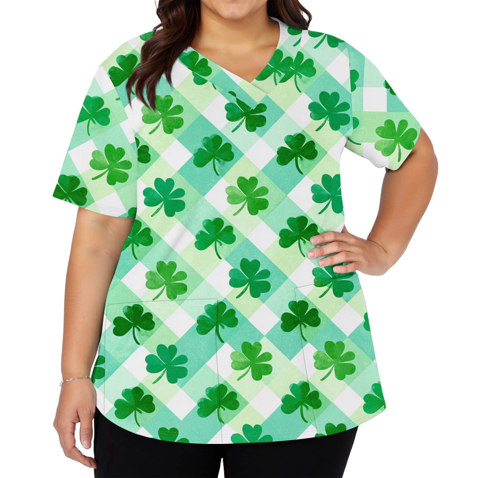 Fabrcox Plaid St Patricks Day Scrubs Top Green Nursing Uniform with ...