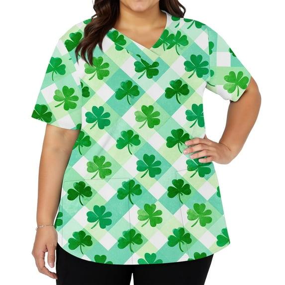 Fabrcox Plaid St Patricks Day Scrubs Top Green Nursing Uniform with ...