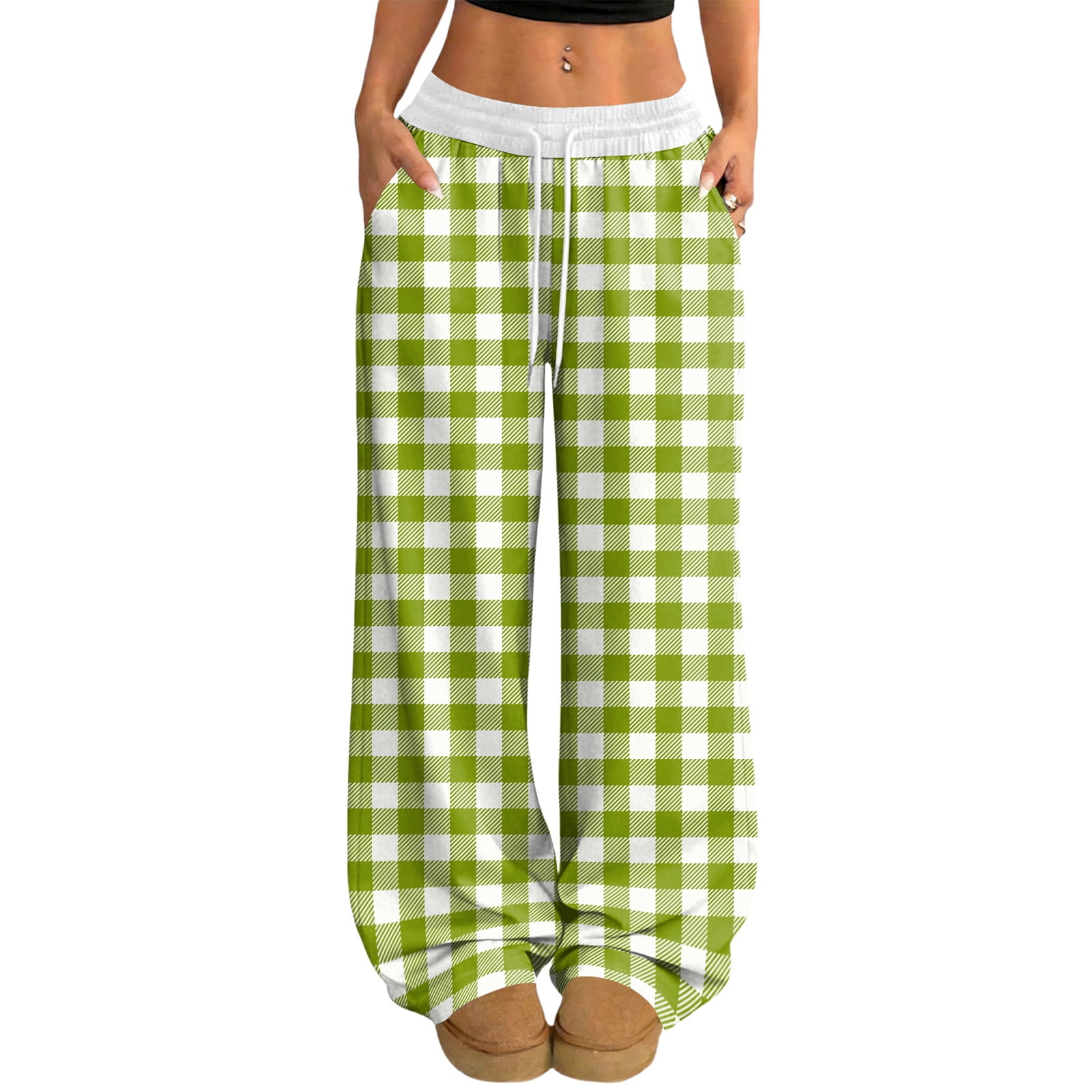 Fabrcox Plaid Wide Leg Pants Woman Baggy Color Block Womans Lounge ...