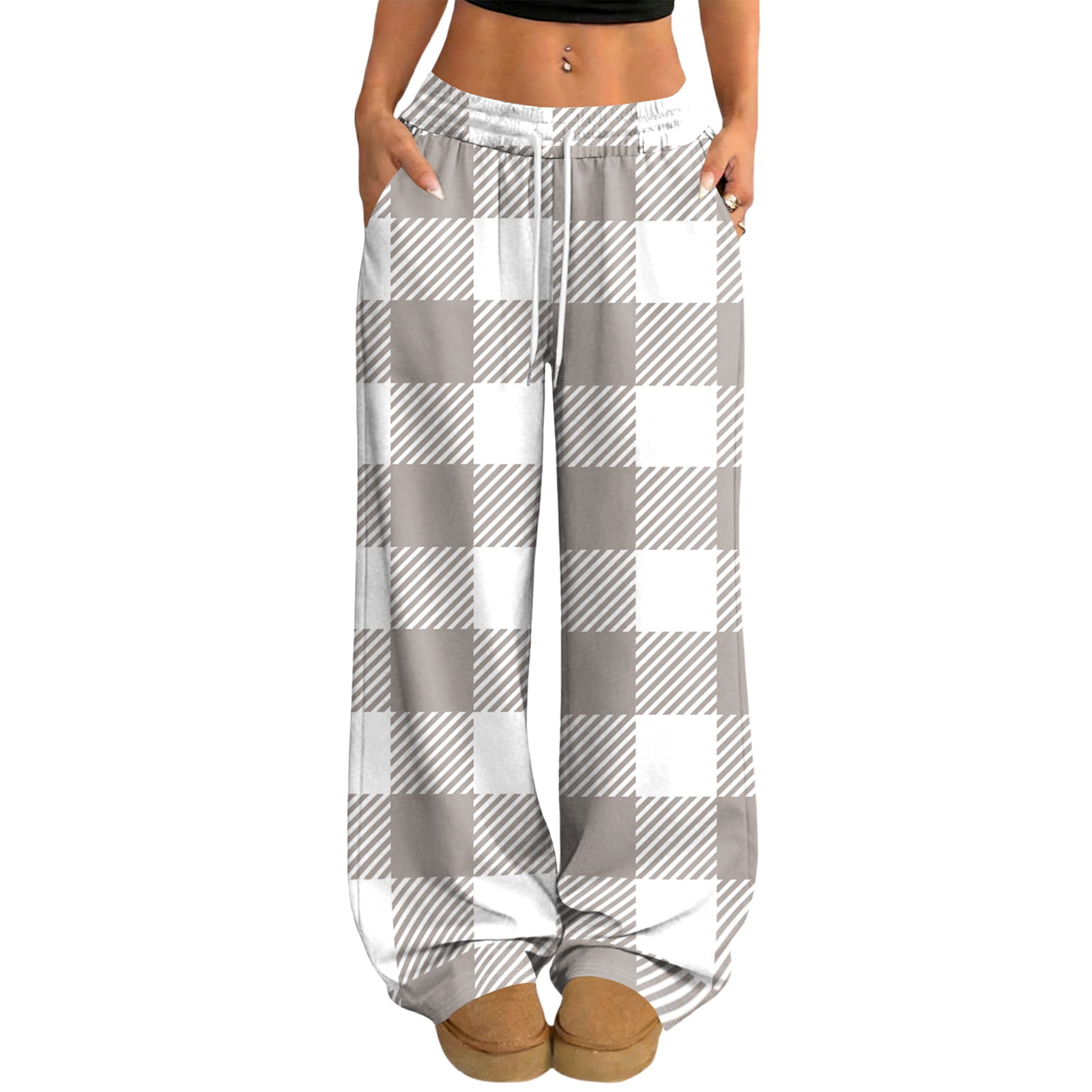 Fabrcox Plaid Wide Leg Pants Woman Baggy Color Block Womans Lounge ...