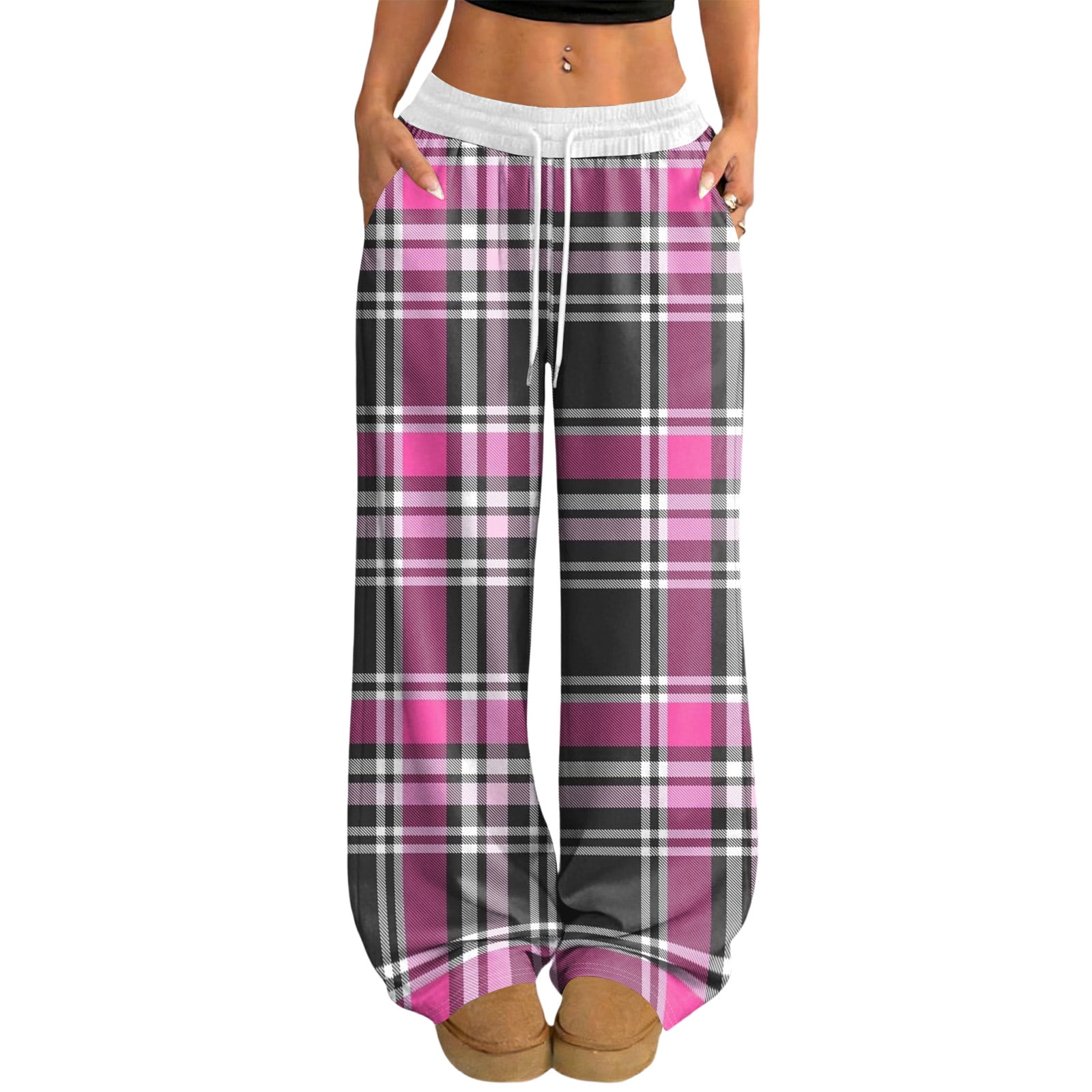Fabrcox Plaid Wide-Leg Pants Women Color Block Baggy Lounge Pants Women ...