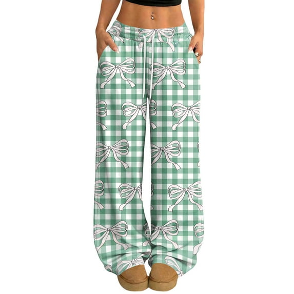 Fabrcox Plaid Wide Leg Pants for Women Bow Print Lounging Pants for ...