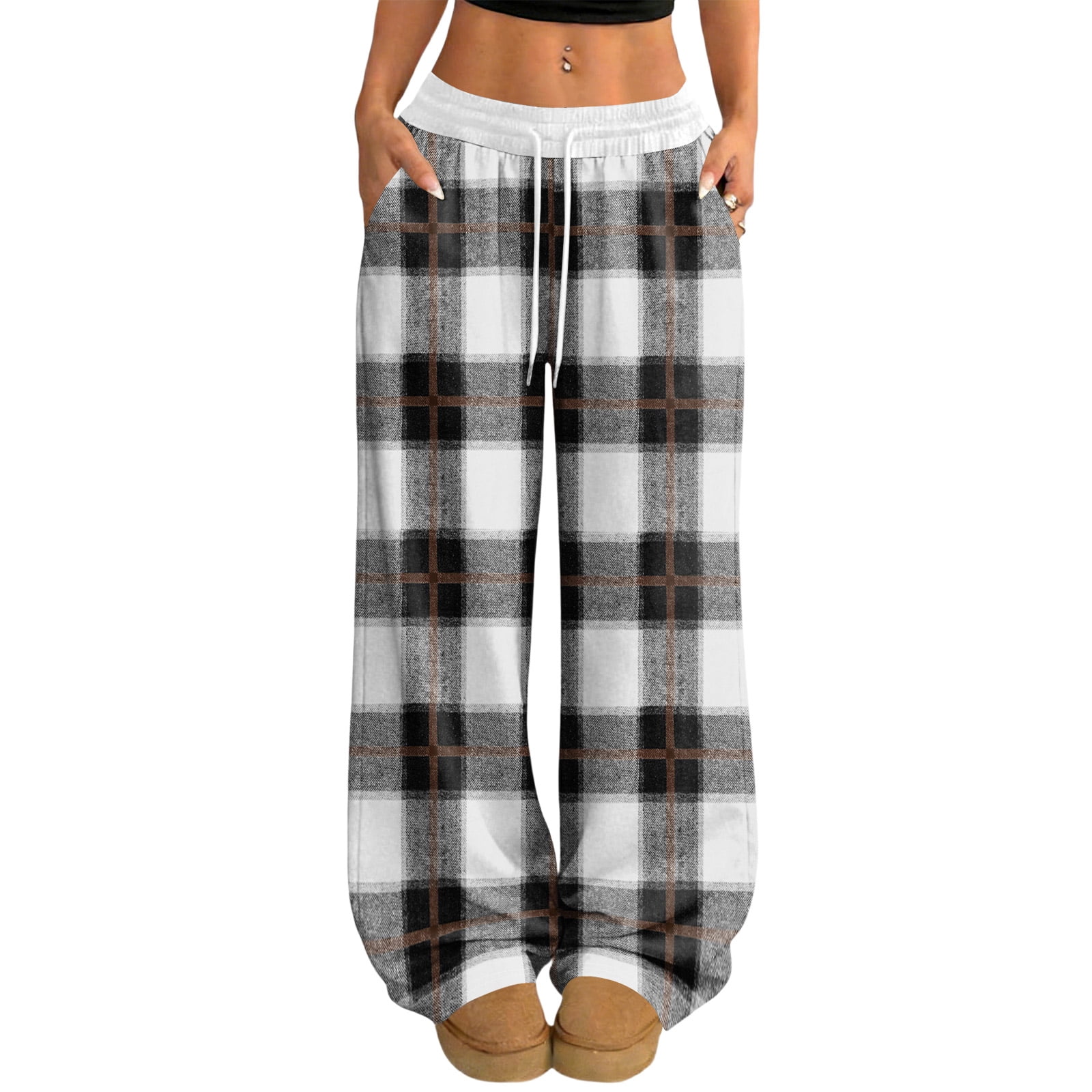 Fabrcox Plaid Women Wide Leg Pants Color Block Baggy Women Lounge Pants ...