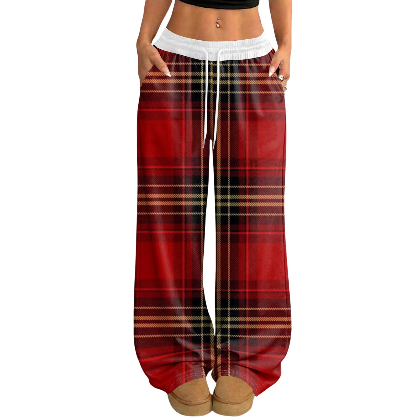 Fabrcox Plaid Women Wide Leg Pants Color Block Baggy Womens Lounge Pant ...