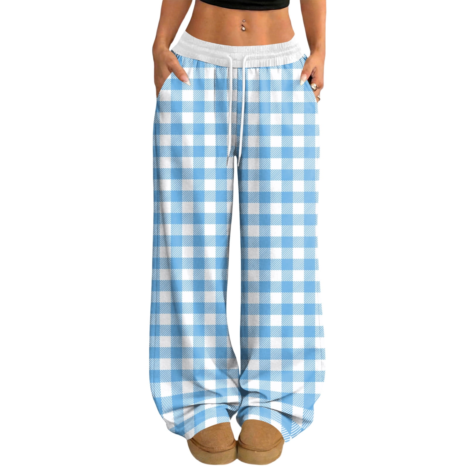 Fabrcox Plaid Womens Wide Leg Pants Drawstring Color Block Lounge Pants ...