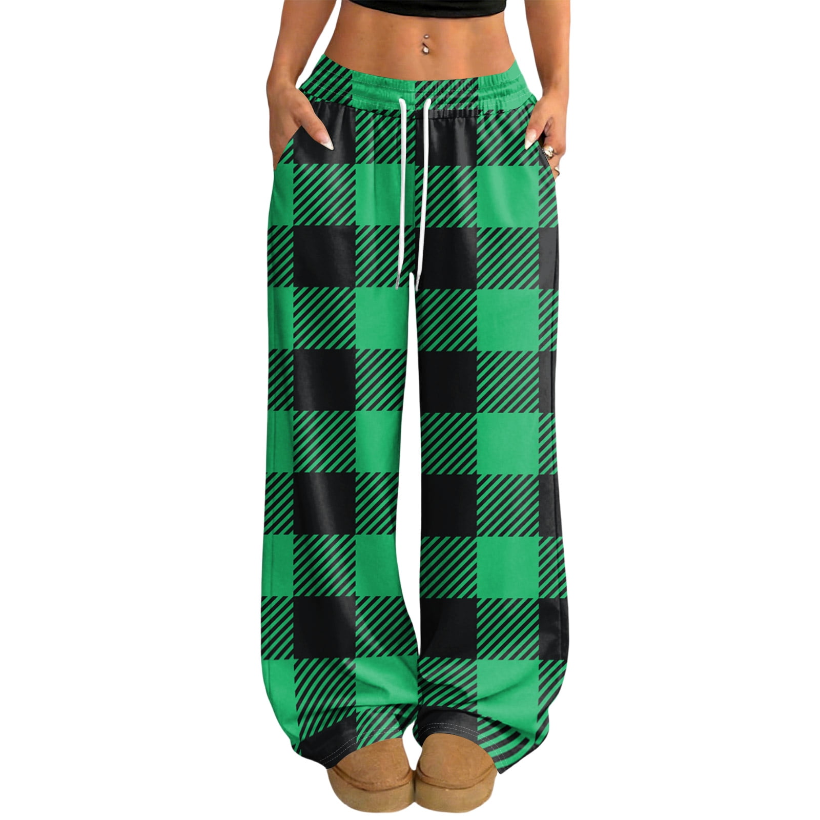 Fabrcox Plaid Womens Wide Leg Pants Drawstring Color Block Womens ...