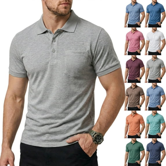 Fabrcox Polo Shirt Men Short Sleeve Button Up Collared Men Tshirt ...