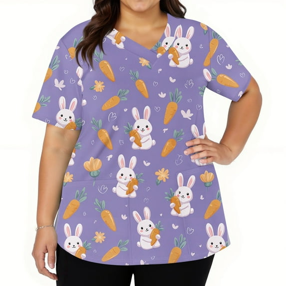 Fabrcox S-5XL Bunny Egg Hunt Print Holiday Scrubs Top for Women V Neck ...