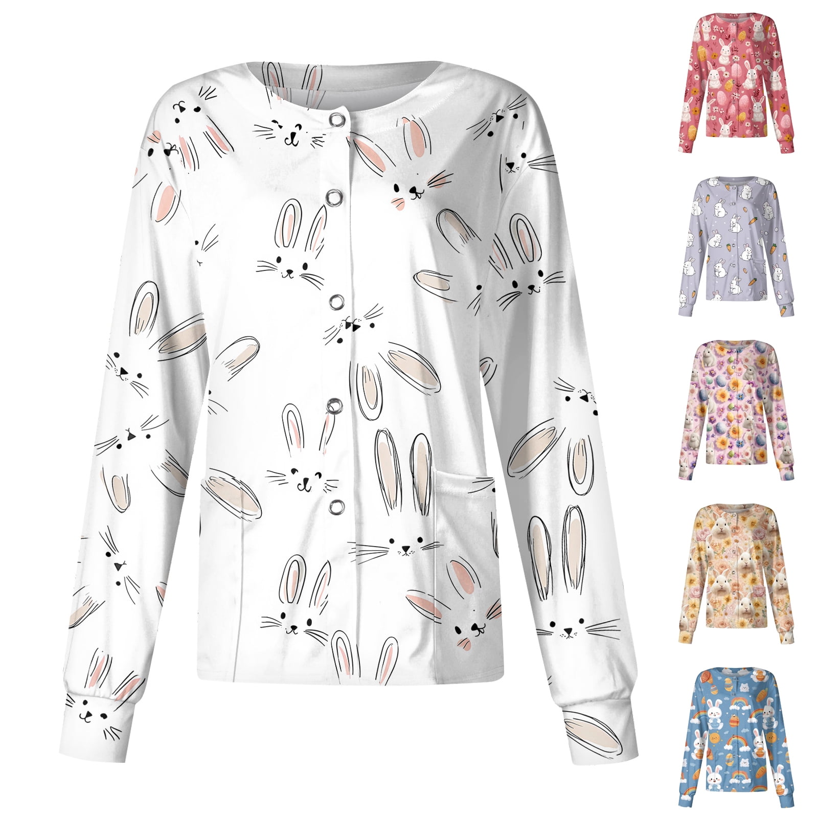 Fabrcox S-5XL Bunny Rabbit Jacket Scrubs Women Long Sleeve Snap Front ...