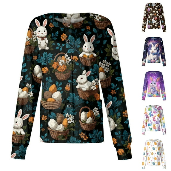 Fabrcox S-5XL Bunny Rabbit Scrub Jackets for Women Long Sleeve Snap ...