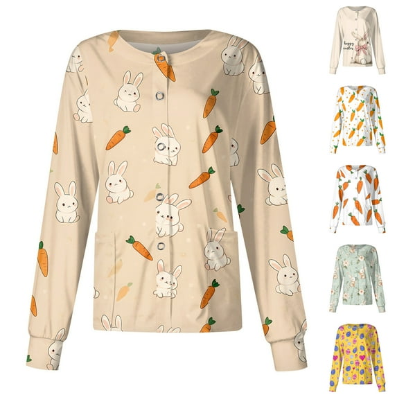 Fabrcox S-5XL Bunny Rabbit Scrub Jackets for Woman Long Sleeve Snap ...