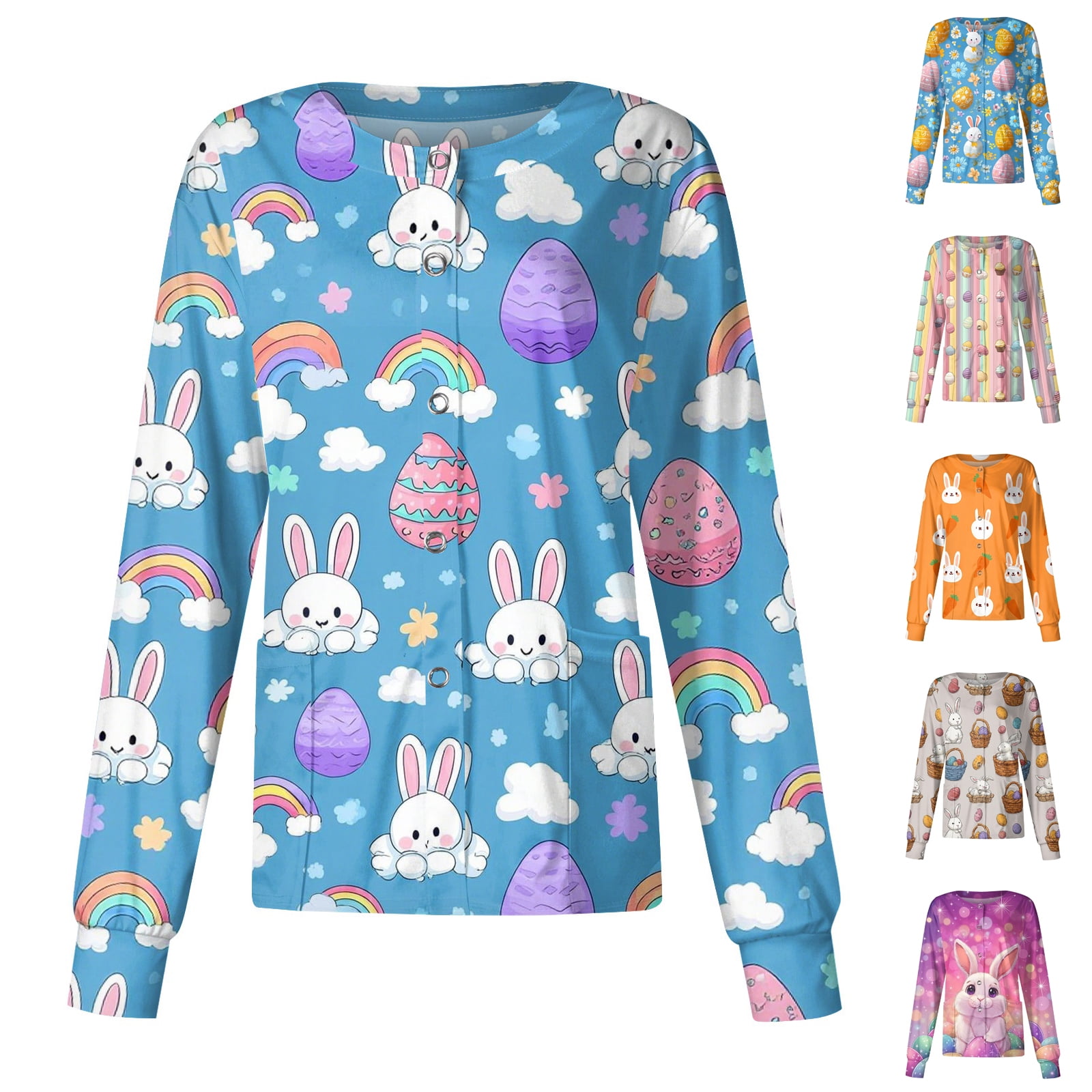 Fabrcox S-5XL Bunny Rabbit Women's Scrub Jackets Long Sleeve Snap Front ...