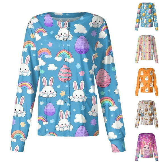 Fabrcox S-5XL Bunny Rabbit Women's Scrub Jackets Long Sleeve Snap Front ...