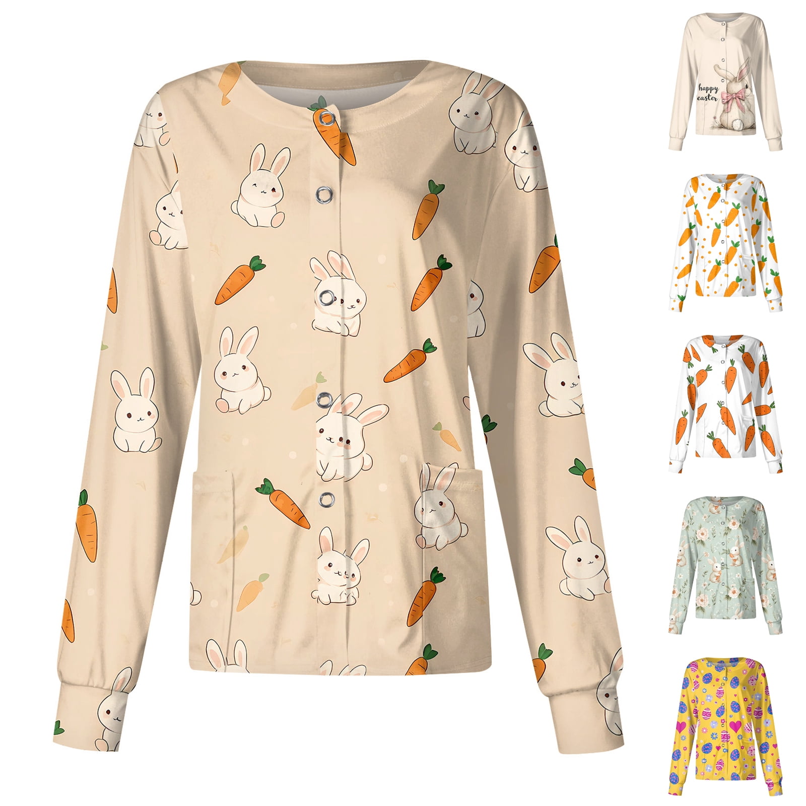 Fabrcox S-5XL Bunny Rabbit Womens Scrub Jacket Long Sleeve Snap Front ...