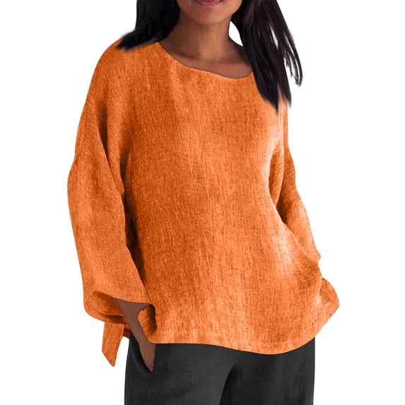 Fabrcox S-5XL Linen Womens Tops Crew Neck Plus Size Lightweight Long ...