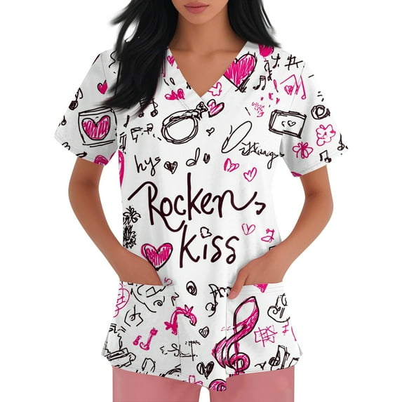 Fabrcox S-5XL Valentines Scrubs Tops for Women Plus Size Love Heart ...