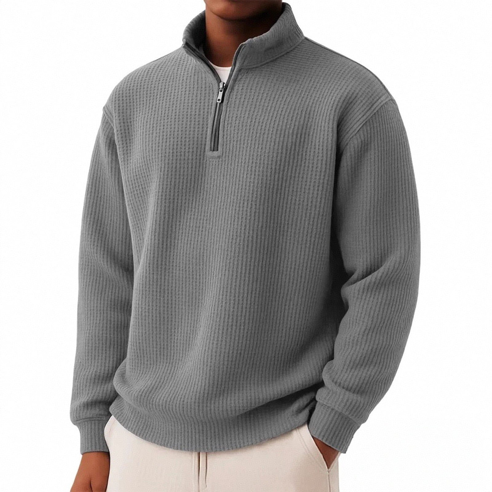 Fabrcox S-5XL Waffle Zipper Polo Shirts Men Collared Long Sleeve Shirts ...