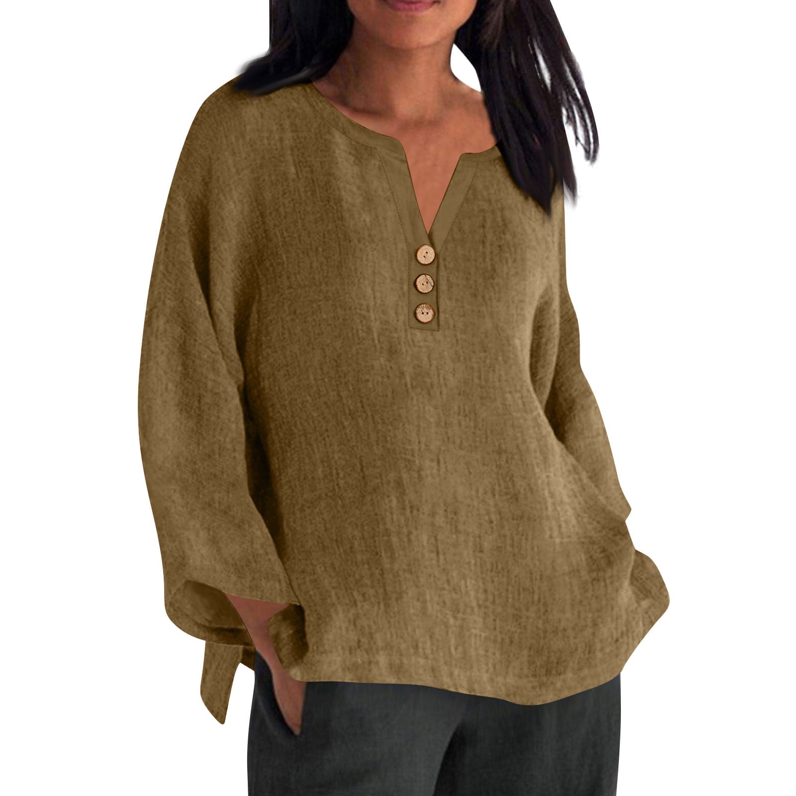 Fabrcox S-5XL Women's Linen Top V Neck Lightweight Button Women Long ...