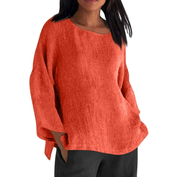 Fabrcox S-5XL Women's Linen Tops Round Neck Plus Size Lightweight ...