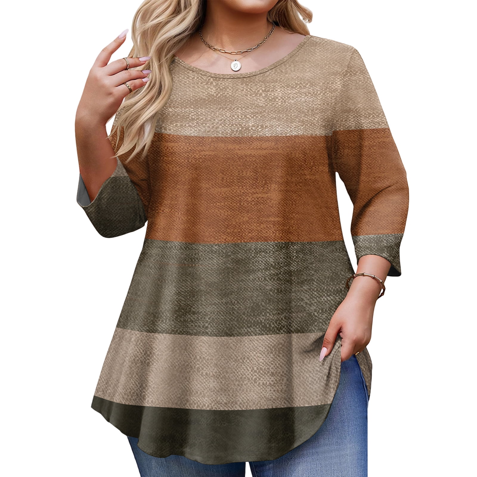 Fabrcox Shirts Plus Size Women Tunic Color Block Crew Neck Womens Tops ...