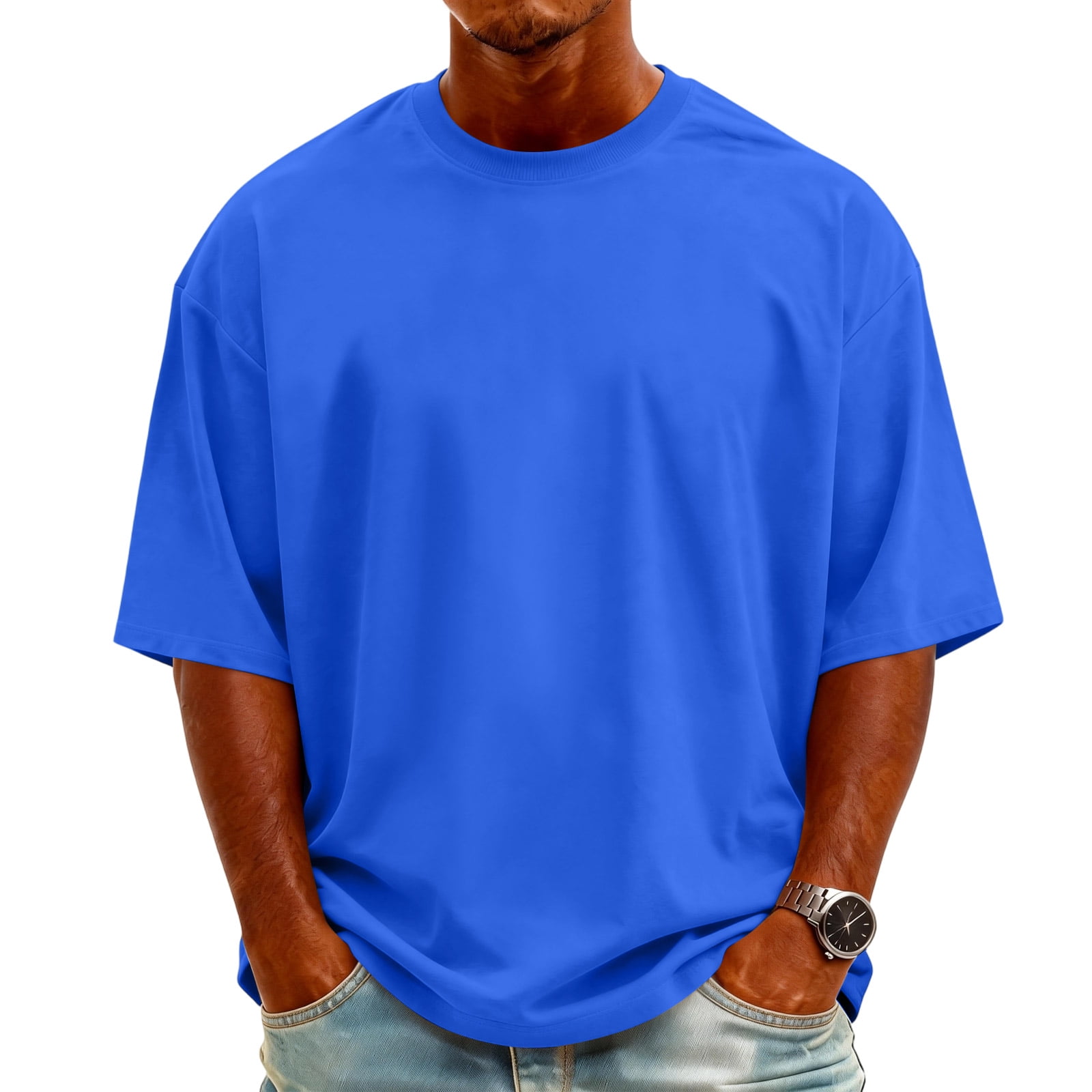 Fabrcox Shirts for Men Blue Loose Lightweight Crew Neck Short Sleeve ...