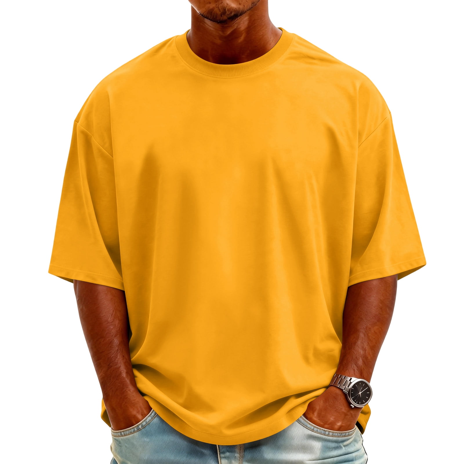 Fabrcox Shirts for Men Yellow Loose Lightweight Short Sleeve Crew Neck ...