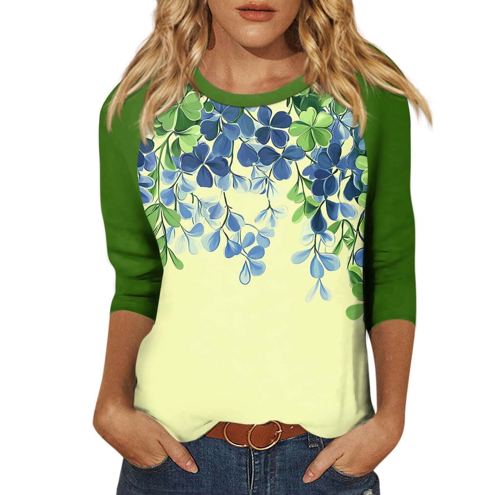 Fabrcox St Patrick Day Shirts Women Four-Leaf Clover Print 3/4 Length ...