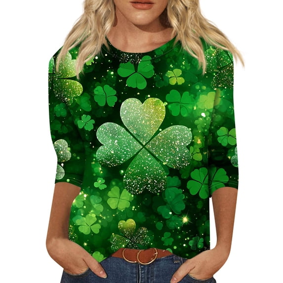 Fabrcox St Patrick Day Shirts Women Round Neck Clover Fitted Women's 3/ ...