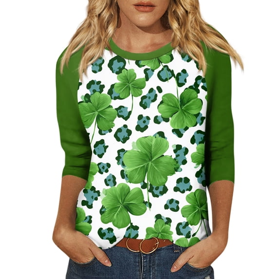 Fabrcox St Patricks Day Shirt Women 3/4 Length Sleeve Clover Print ...