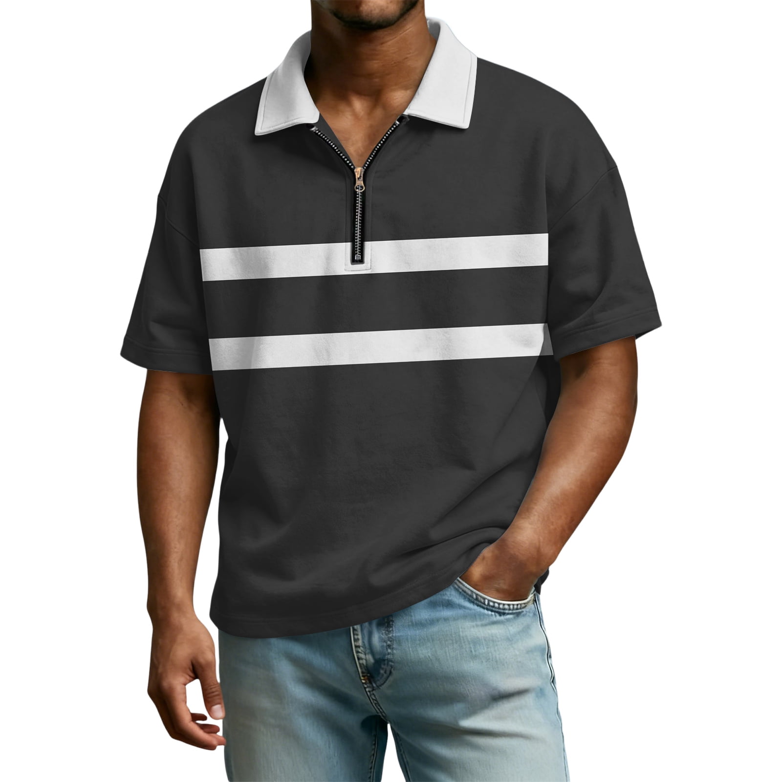 Fabrcox Striped Quarter Zip Mens Pullover Color Block Short Sleeve Slim ...