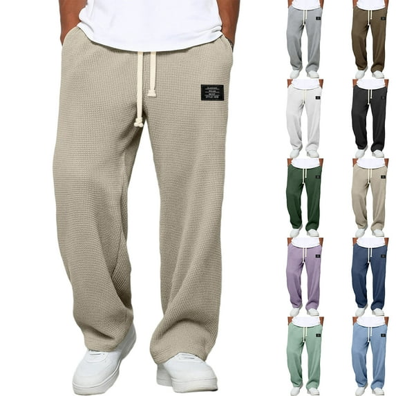 Fabrcox Waffle Pants for Men Casual Vintage Solid Color Pant Drawstring ...