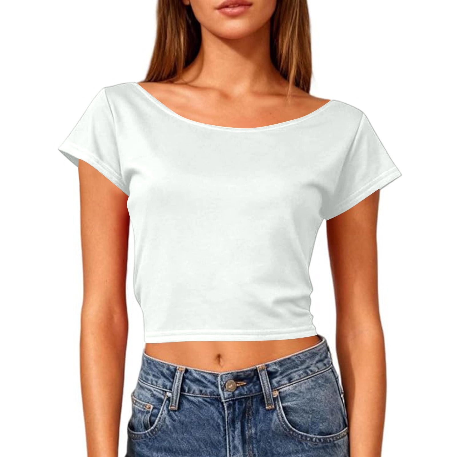Fabrcox Women Backless Tops Crewneck Short Sleeve Womens Open Back Tops ...