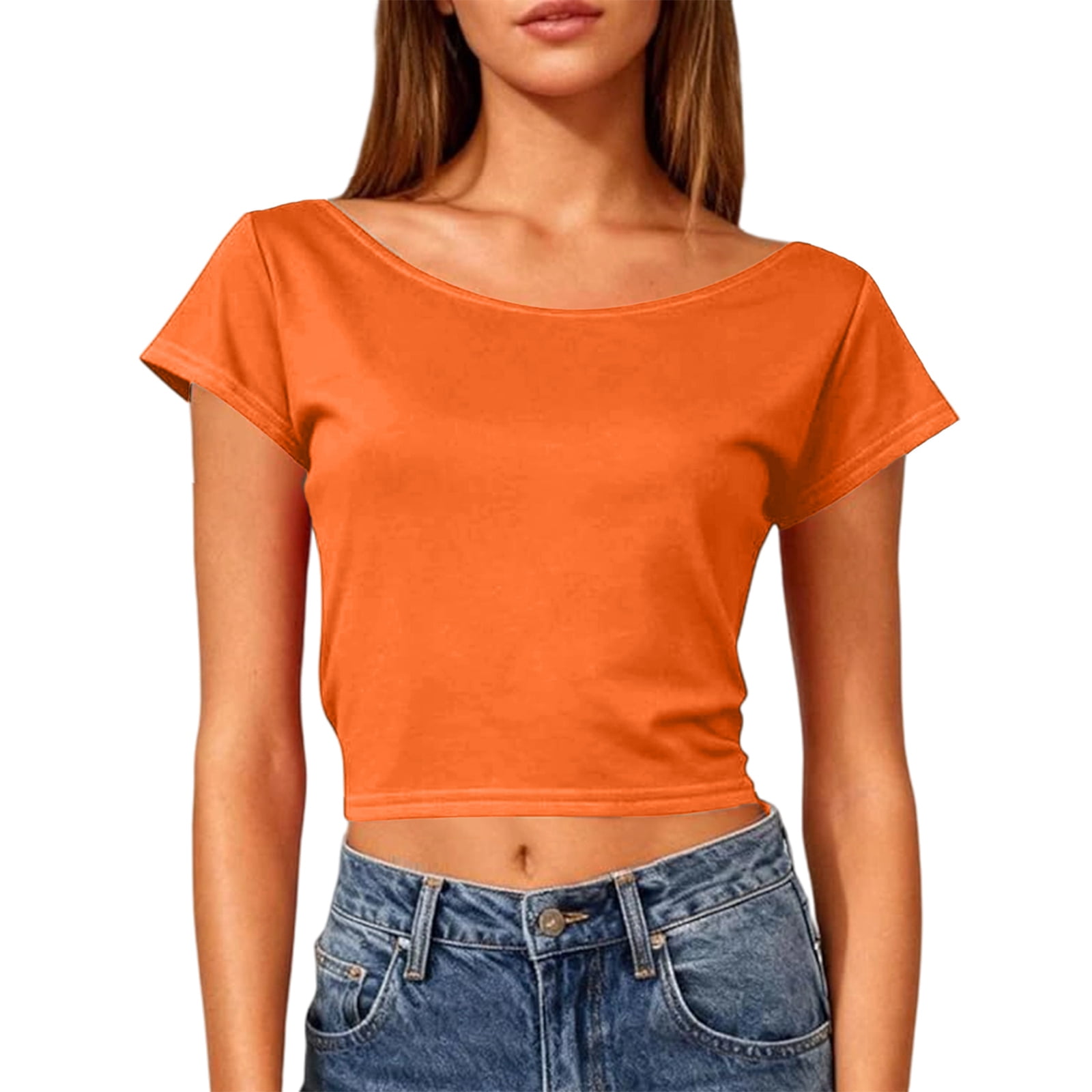 Fabrcox Women Backless top Crew Neck Short Sleeve Open Back Top Outdoor ...