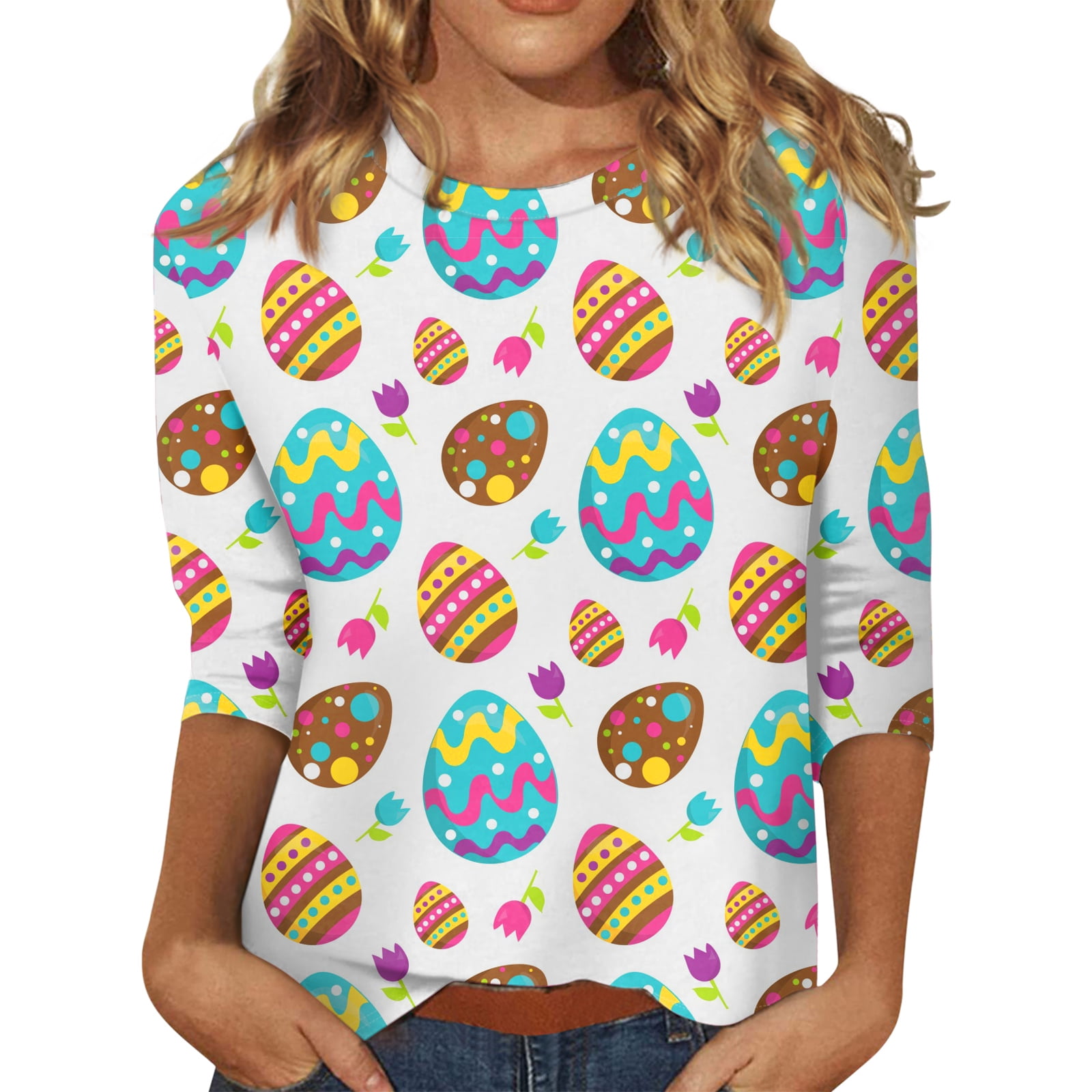 Fabrcox Women Easter Shirt 3/4 Length Sleeve Rabbit Egg Women's Graphic ...