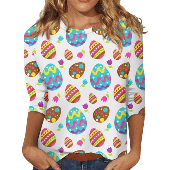 Fabrcox Women Easter Shirt 3/4 Length Sleeve Rabbit Egg Women's Graphic ...