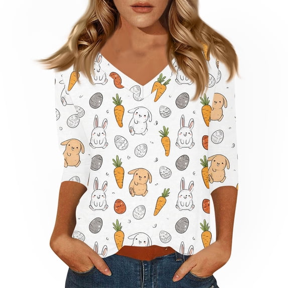 Fabrcox Women Easter Shirt Cute Graphic V Neck Fitted Womens Shirts 3/4 ...