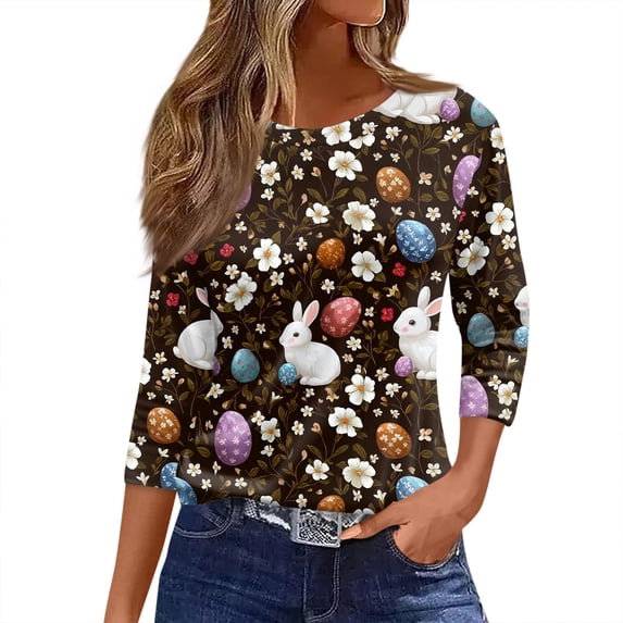 Fabrcox Women Easter Shirt Rabbit Bunny Fitted O Neck 3/4 Sleeves Tops ...