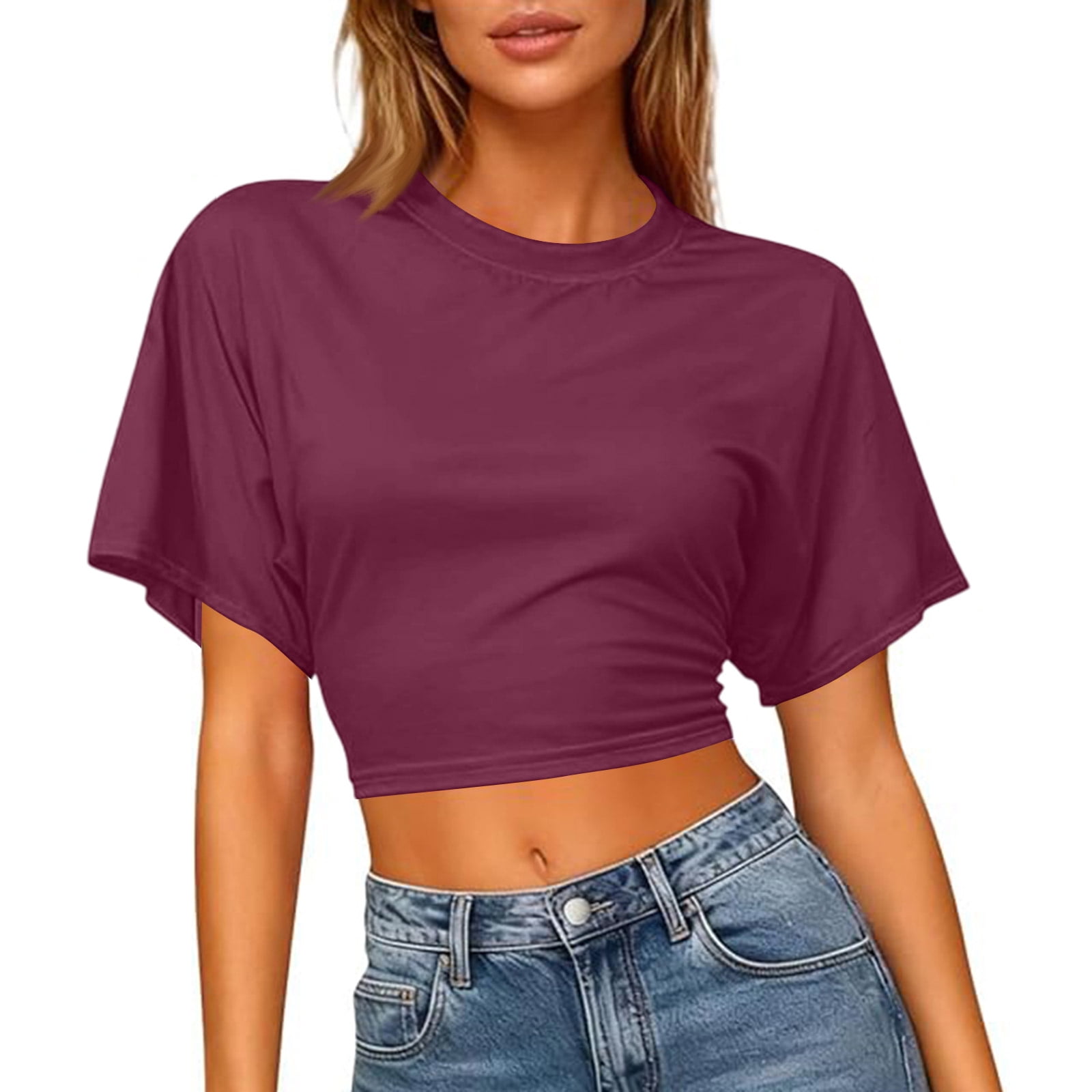 Fabrcox Women's Crop Top Round Neck Basic Fitted Womens Tops Short ...