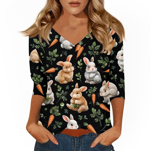 Fabrcox Women's Easter Shirts Egg Bunny V Neck Fitted Womens Shirts 3/4 ...