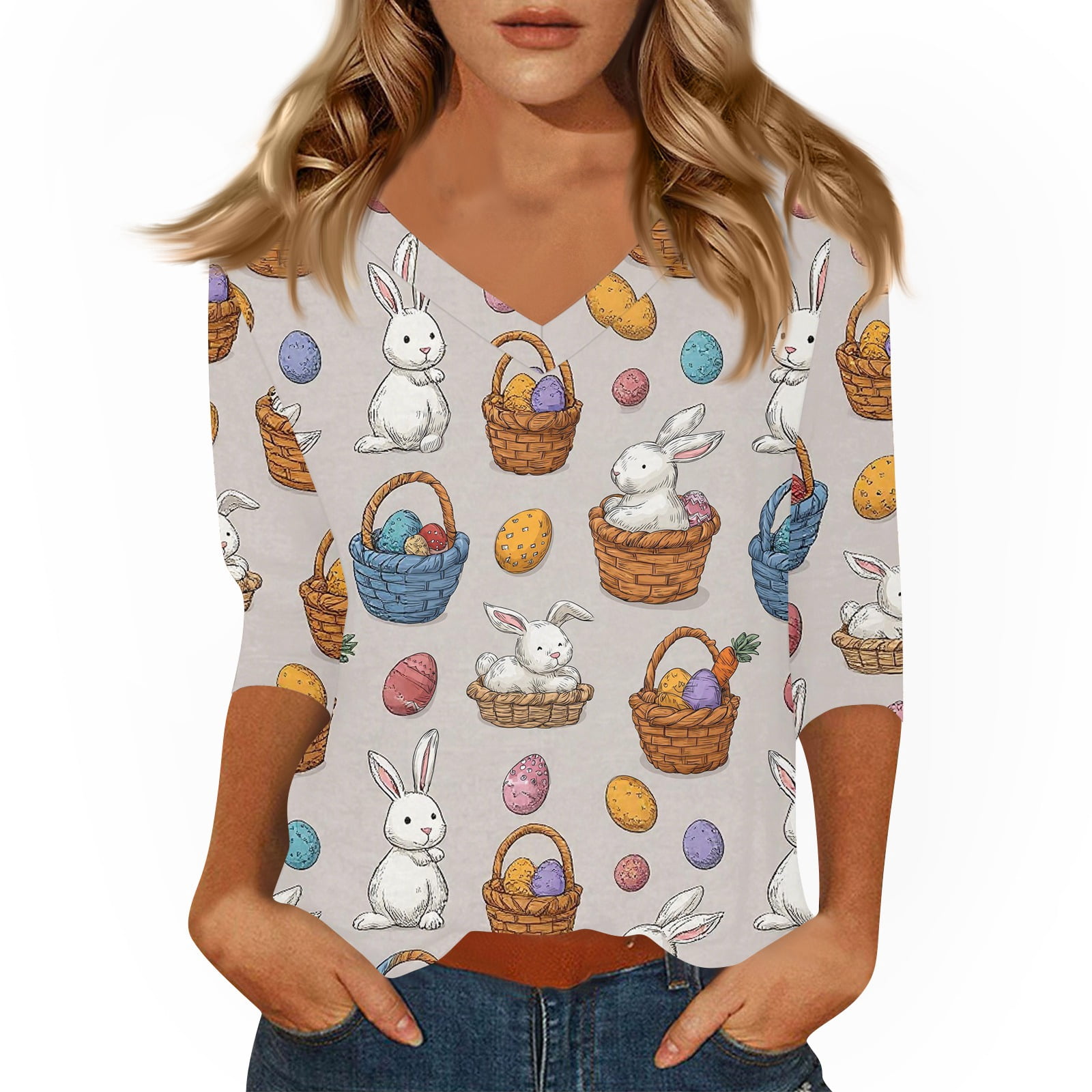Fabrcox Women's Easter Tops Cute Animals V Neck Fitted Women's 3/4 ...