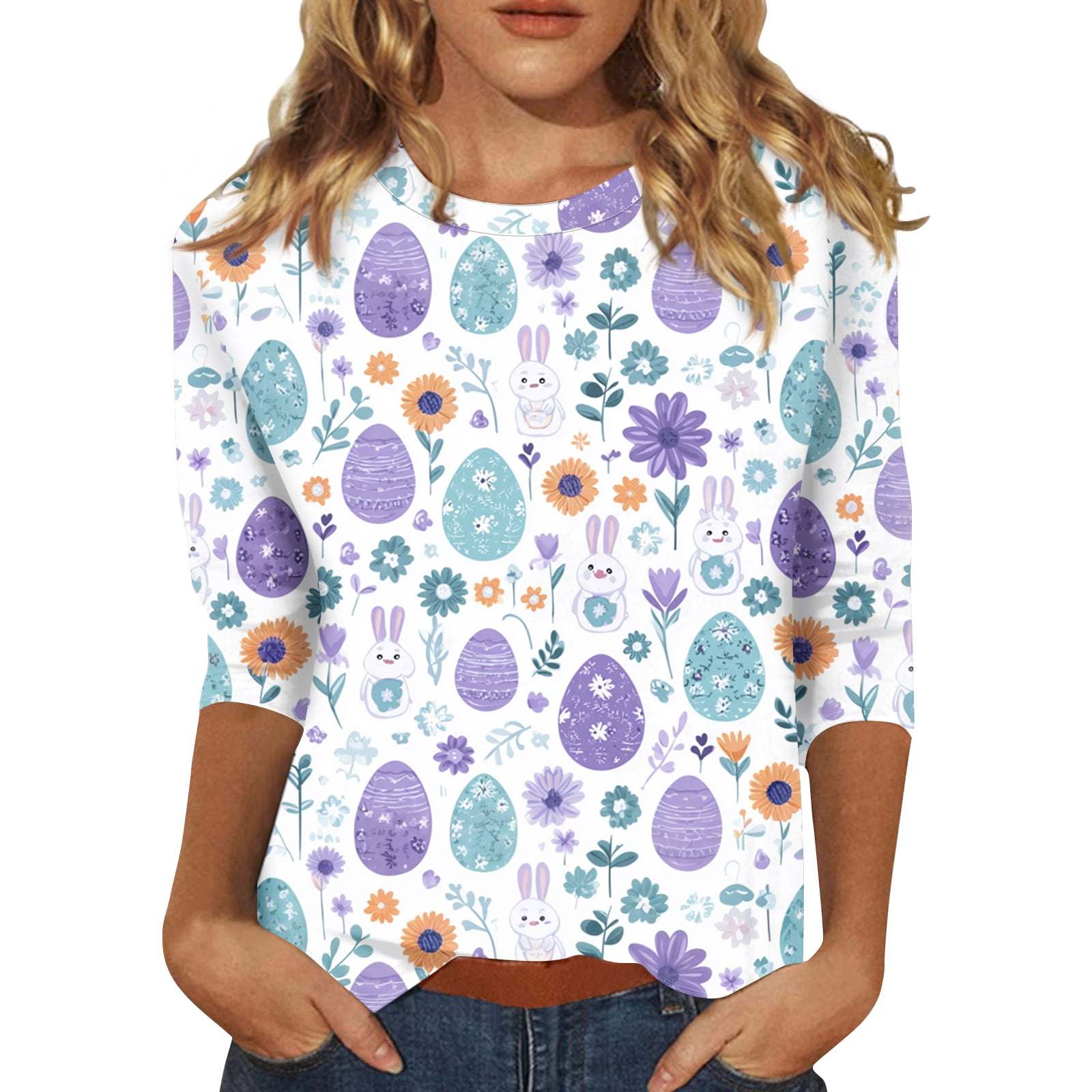 Fabrcox Women's Easter Tops Cute Graphic Rabbit Womens 3/4 Length ...