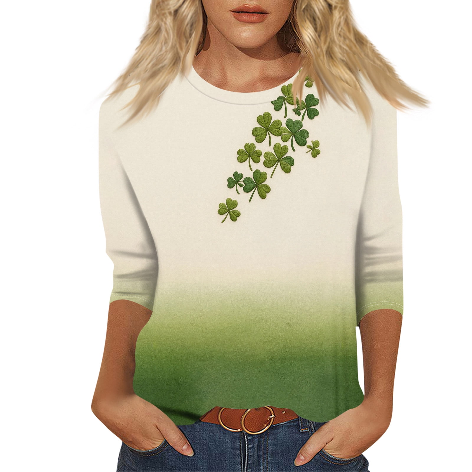 Fabrcox Women's St Patrick's Day Shirts Crew Neck Four-Leaf Clover 3/4 ...