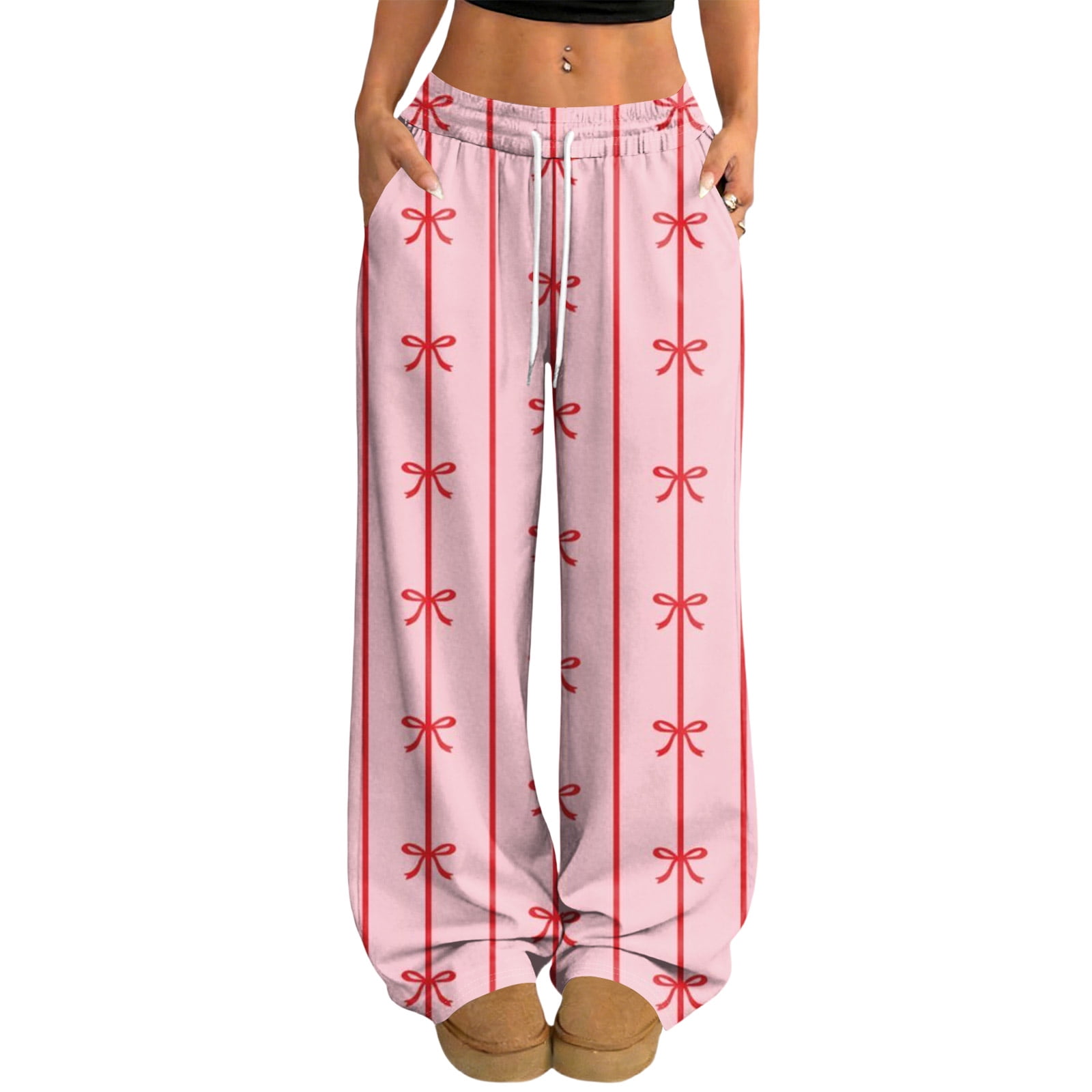 Fabrcox Women's Wide Leg Pants Bow Print Baggy Lounge Pants Women Loose ...