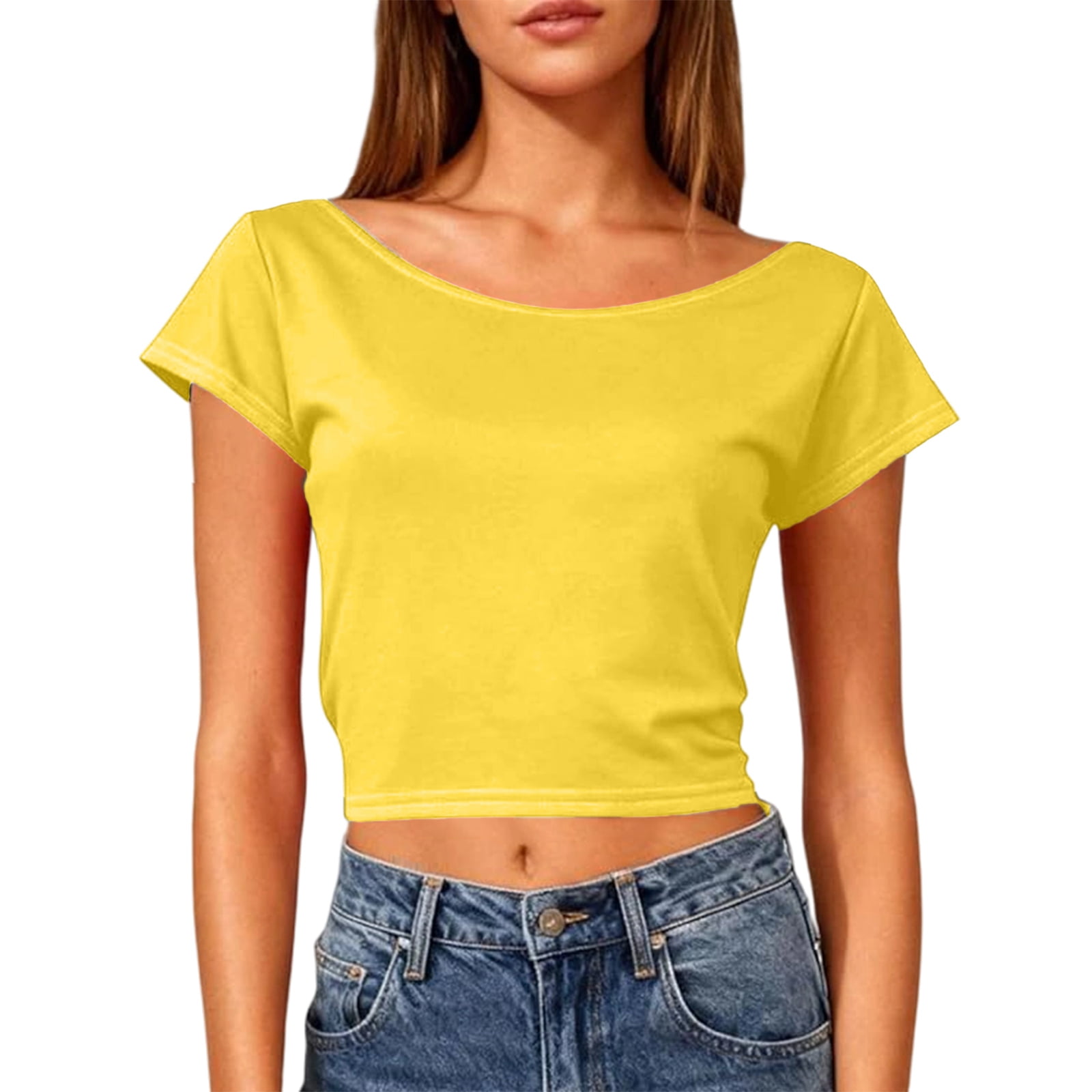 Fabrcox Womens Backless Tops Short Sleeve Round Neck Open Back Shirts ...