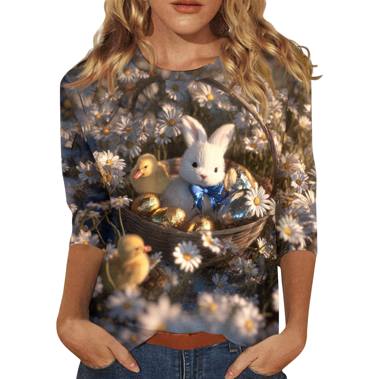 Fabrcox Womens Easter Top Cute Animals Egg Print Women 3/4 Sleeve Tops ...