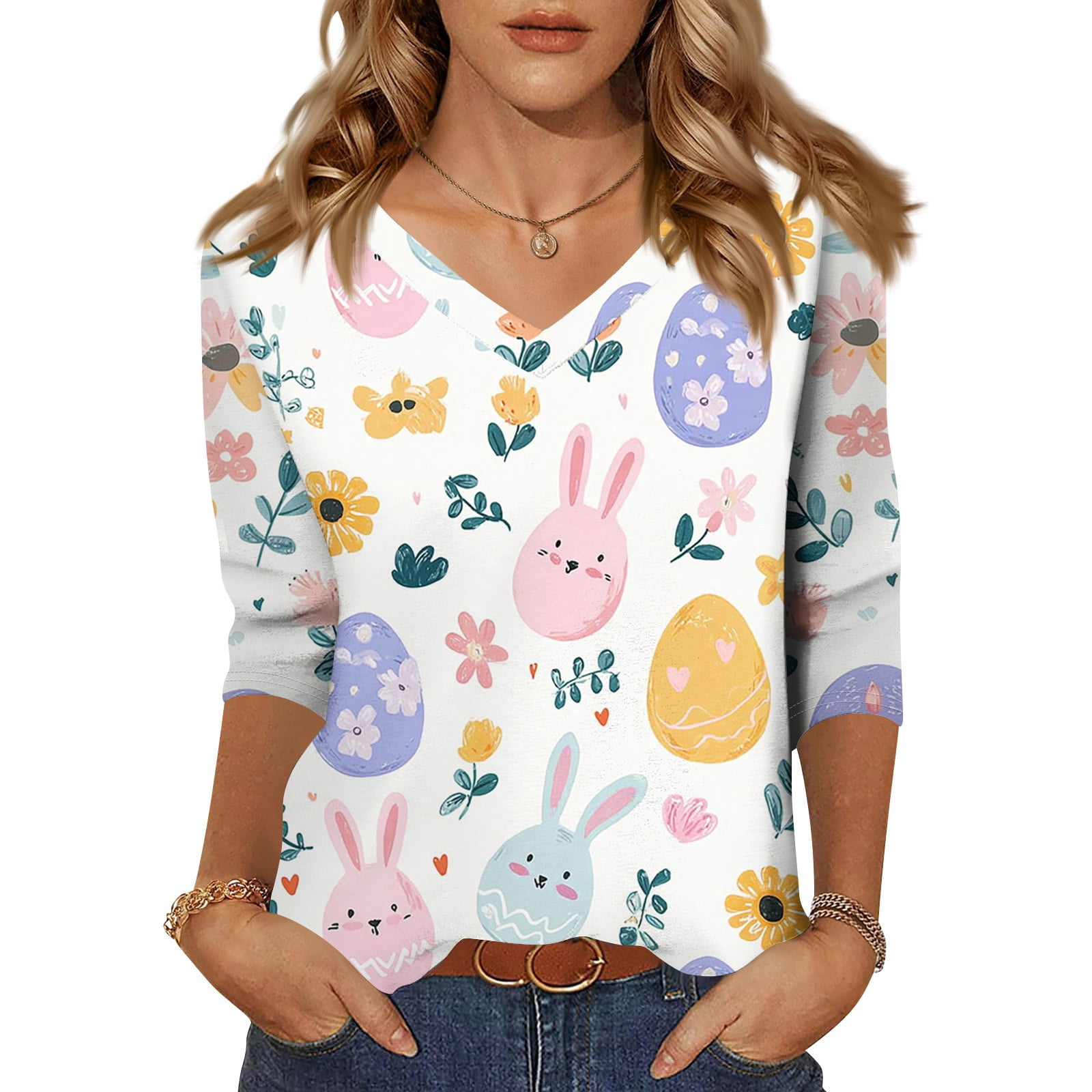 Fabrcox Womens Easter Top Cute Animals Egg Print Womens 3/4 Length ...