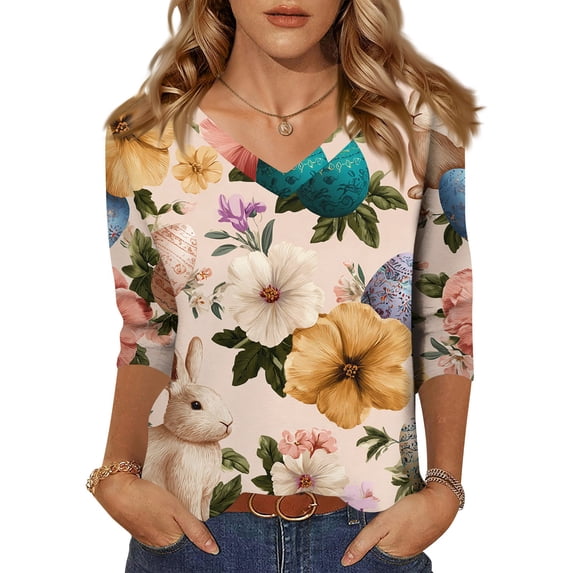 Fabrcox Womens Easter Tshirt Cute Graphic Bunny Women's Tops 3/4 Sleeve ...